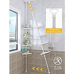 Corner Shower Caddy Tension Pole, Bathroom Organizer Stand Pole with 4 Plastic Baskets, for Bathtub Shampoo Accessories Storage Rake Freestanding, 54 to 114 inch Height, White