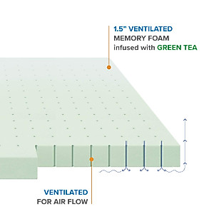 Best Price Mattress 1.5 Inch Ventilated Memory Foam Mattress Topper, Calming Green Tea Infusion, CertiPUR-US Certified, Short Queen