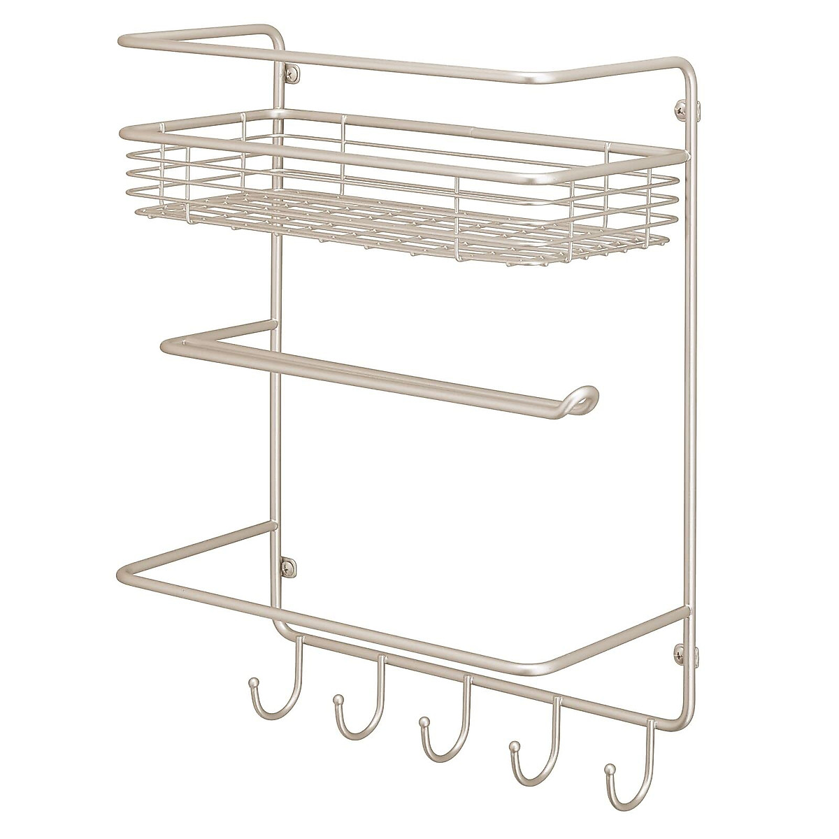 mDesign Metal Wall Mount Paper Towel Holder with Storage Shelf and Hooks for Kitchen, Pantry, Laundry, Garage Organization - Holds Spices, Seasonings, Pot Holders, Cookware - Satin