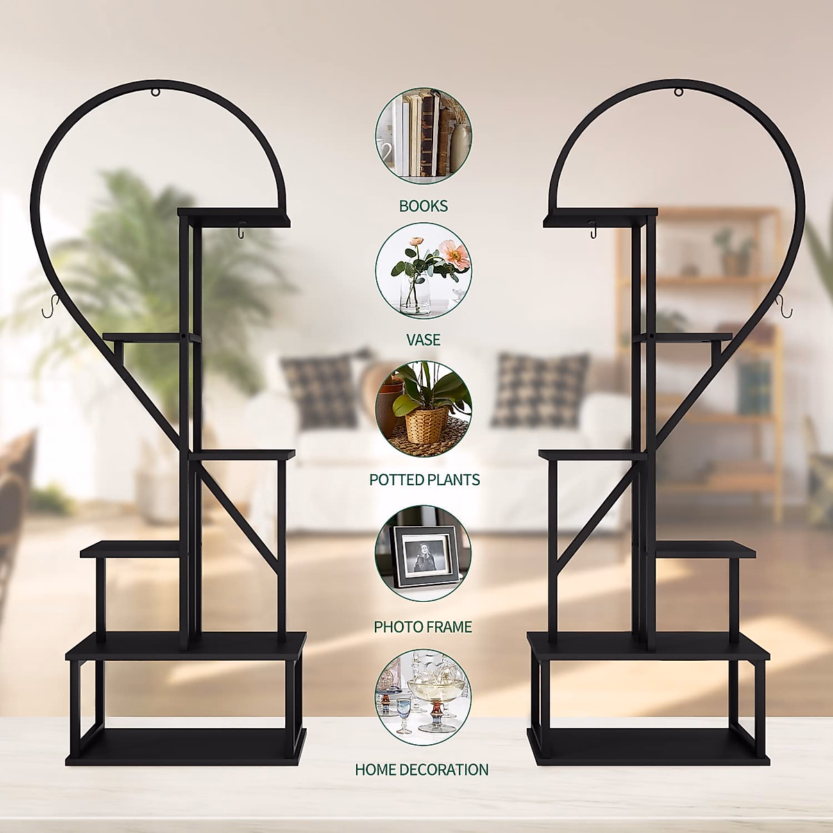 POTEY 6 Tier Metal Plant Stand, Creative Half Heart Shape Ladder Plant Stands for Indoor Plants Multiple, Plant Shelf Rack for Home Patio Lawn Garden (Black Board 2 Pack)