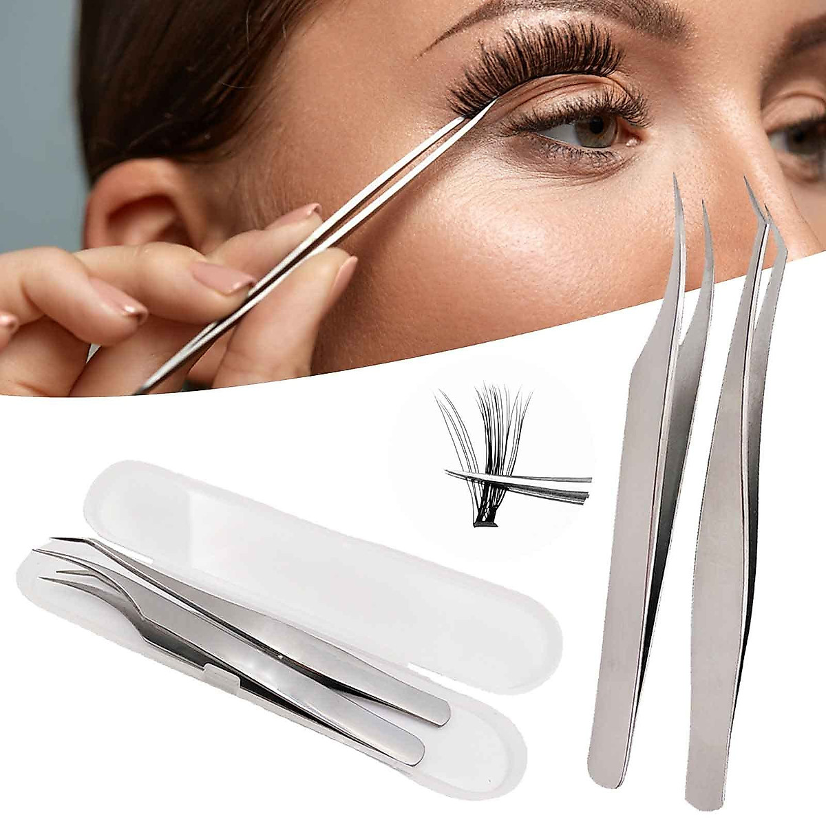 Eyelash Extension Tweezers Set of 2 pieces straight & curved Lash Extension Precision Tweezers, Professional Stainless Steel Precision Tweezers set