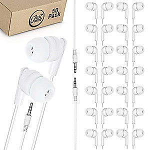 JustJamz Bulk Earbuds 50 Pack | Basic Ear Bud, Pearl White in-Ear Earbuds, Disposable Headphones, Class Set of Earphones for Students, Class, School, Kids, Classroom & Library, Wired Earbuds Bundle
