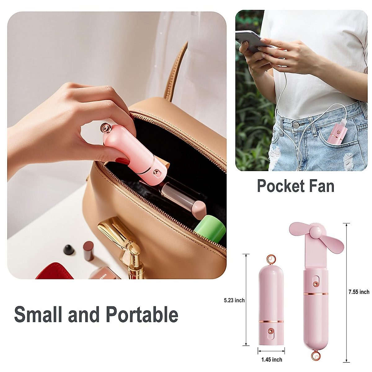 AOCOOLFAN Portable Handheld Fan, Mini Fan USB Rechargeable, 3 Speed Personal Small Pocket Fan, Battery Operated Fan with Power Bank, Travel Hand Fan for Girl Women Outdoor (Pink)