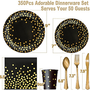 350PCS Black and Gold Party Supplies, Severs 50 Disposable Party Dinnerware, Gold Plastic Forks Knives Spoons and Golden Dot Paper Plates Black Napkins Cups for New Years Graduation Birthday Wedding