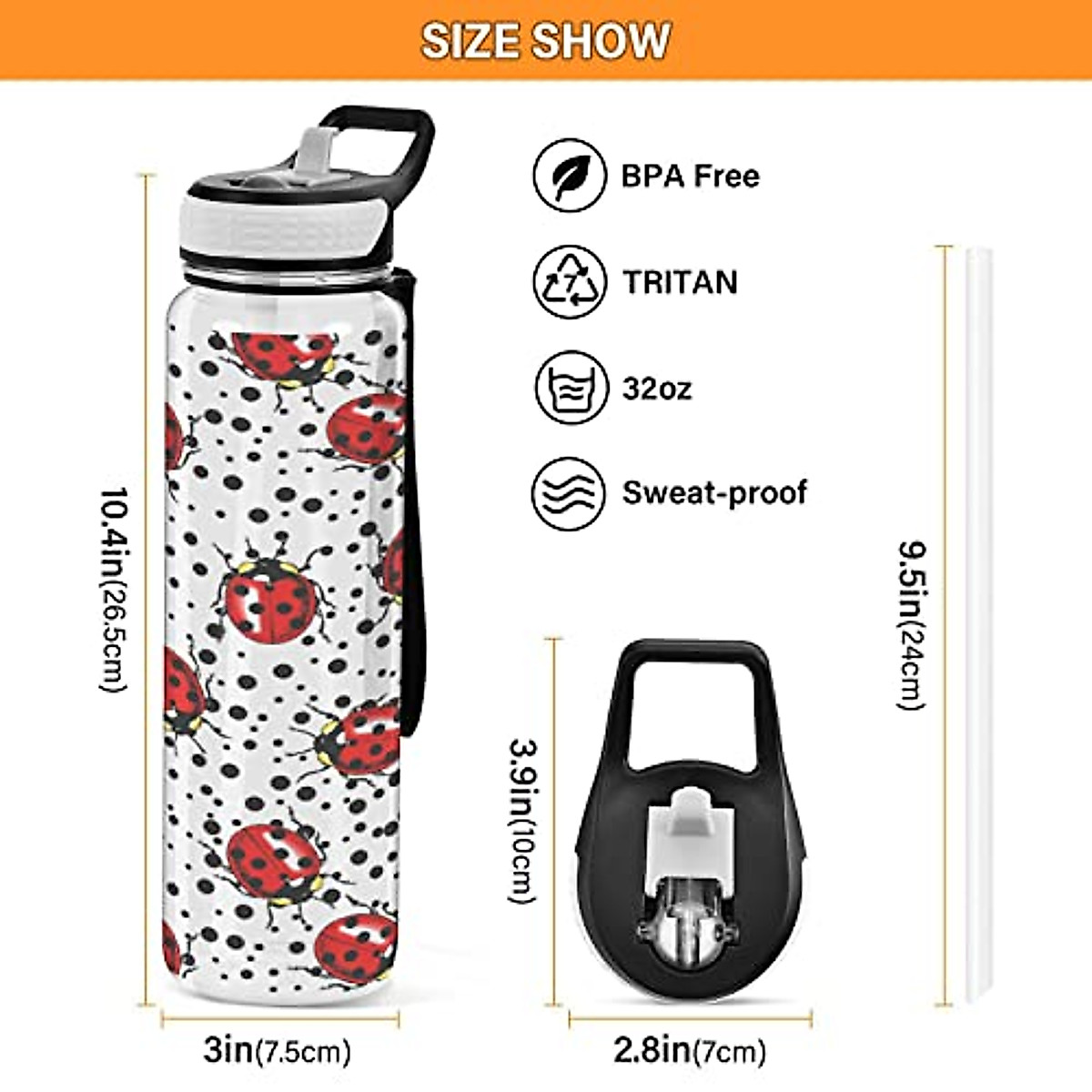 Wusikd Red Ladybugs Water Bottle Tritan BPA-Free Drink and Straw Leakproof Motivational Black Dot White Drinking Water Bottles with Carrying Strap for Office, Gym, Outdoor Sports
