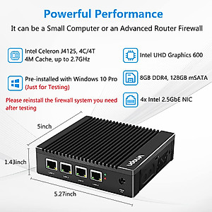 VNOPN Micro Firewall Appliance Intel J4125 Quad Core, 4 Intel 2.5GbE i225 LAN Ports Fanless Mini Computer 8GB RAM DDR4 128GB mSATA SSD, Network Gateway Soft Router PC, Support AES NI