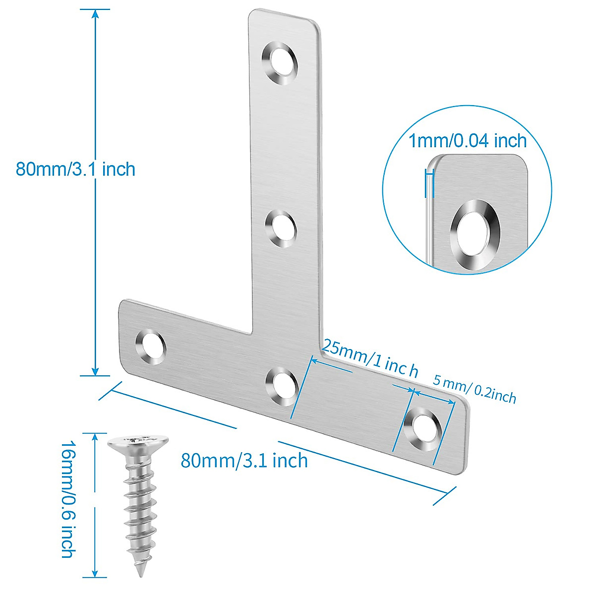 12 Pieces Stainless Steel T Brackets (3.1 x 3.1 inch，80 x 80 mm) Flat Corner Braces, Corner Brackets Joint Right Angle Bracket Mending Repair Plate, 65 Pieces Screws Included