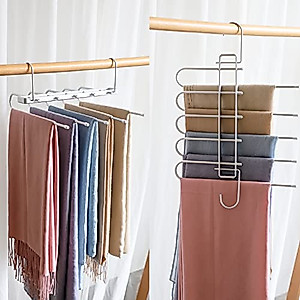 Pants Hangers Space Saving,Closet Hangers 5 Layers 2 Uses Multi Functional Pants Rack,Metal Heavy Duty Wardrobe Organizer Racks for Clothes Trousers Scarves Ties (Gold)