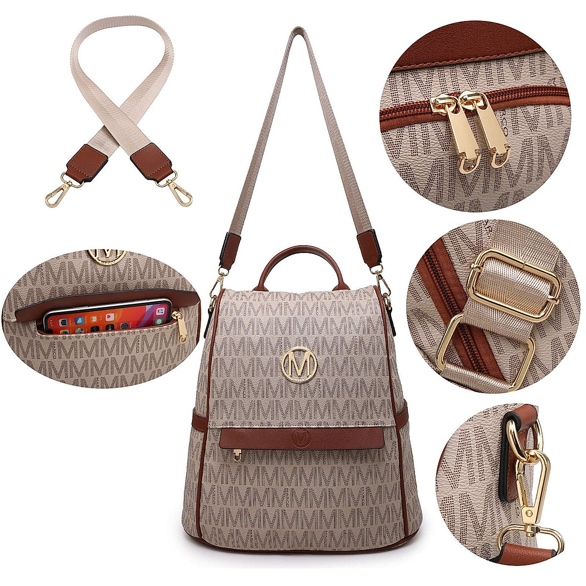 MKP Women Fashion Medium Anti-theft Backpack Purse (Beige and White)