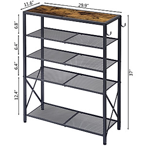Tajsoon 5 Tier Shoe Rack Organizer for 16-20 Pairs of Shoes, Front Door Shoe Rack with 2 Hooks, Metal Mesh Shoe Shelf for Entryway, Shoe Storage with X Shape Fixed Frame, Rustic Brown & Black
