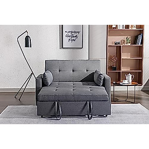 Polibi 55.1" Modern 3-in-1 Convertible Sleeper Sofa Bed w/Side Pockets, Linen Upholstered Pull Out Sofa Bed Couch with 3 Adjustable Angle Backrest and Two Throw Pillows (Dark Grey)