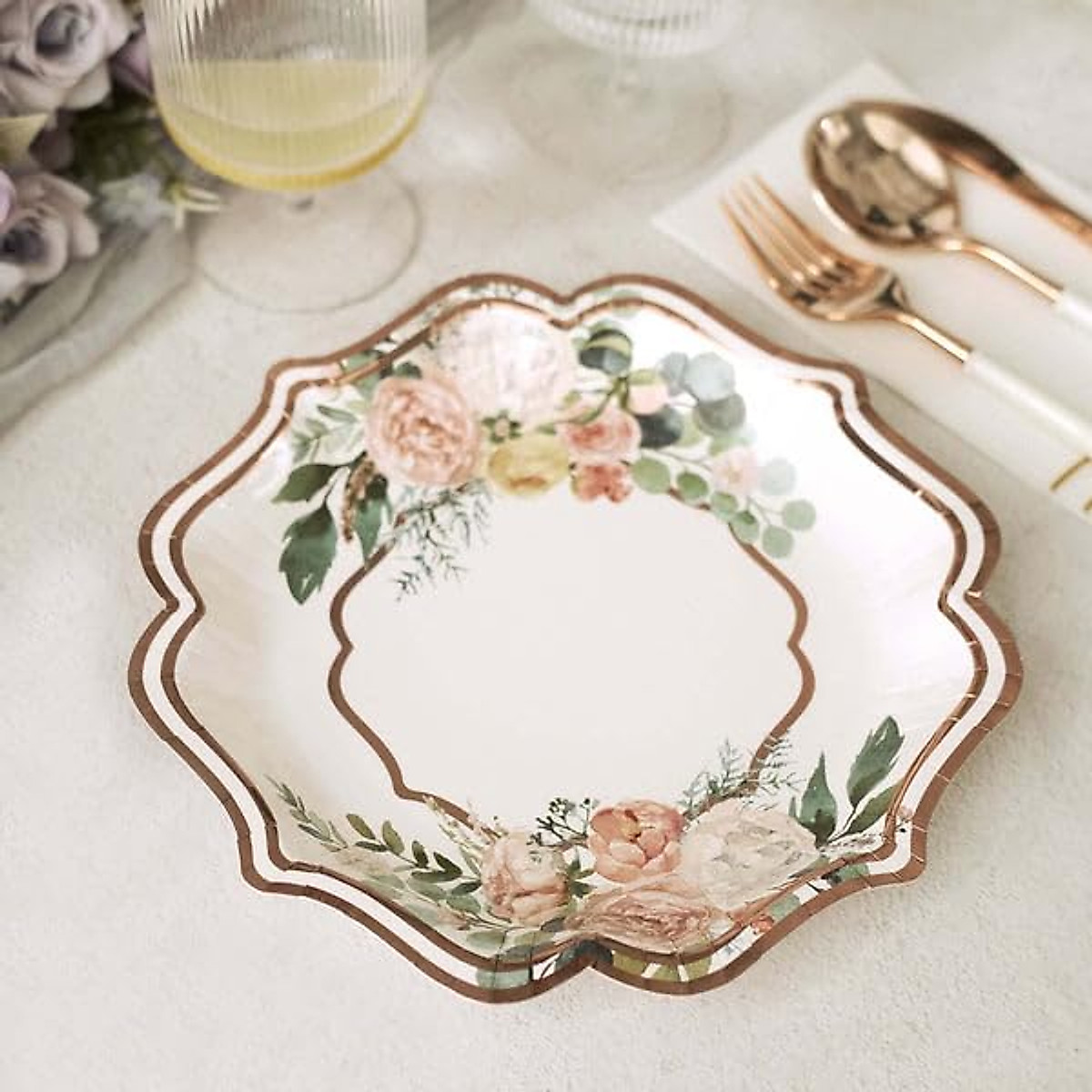 Tableclothsfactory 25 Pack | Floral 8" Scallop Rim Dessert Appetizer Party Paper Plates, Disposable Salad Plates - 300 GSM