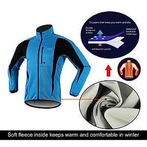 ARSUXEO Winter Warm UP Thermal Softshell Cycling Jacket Windproof Waterproof Bicycle Mountain Bike Clothes 15-K Light blue Size Medium