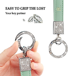 Leather Keychain Bling Keychain for Women Anti-Lost D-Ring Car Keychain Fashion Rhinestone Purse Charms for Handbags (Green)