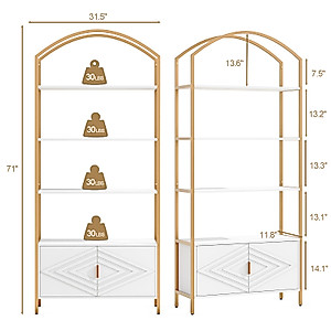 ONBRILL 5 Tier Bookshelf, 71 Inch Tall Arched Metal Bookcase with Storage Cabinet, Modern Industrial Organizer Bookshelves, Display Rack for Bedroom Living Room Home Office, Easy Assembly, Gold