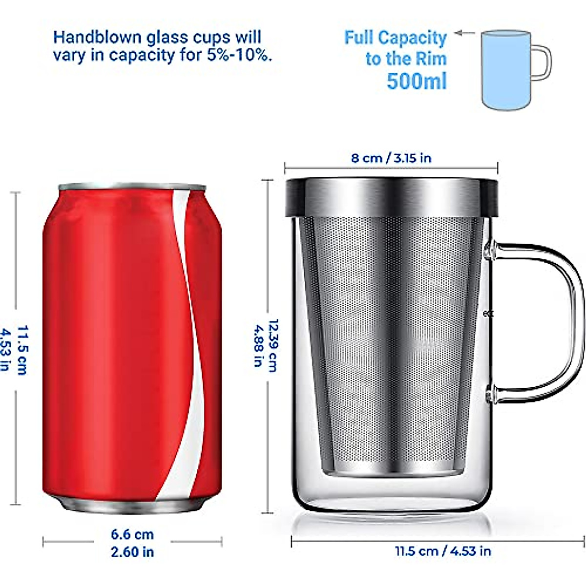 Ecooe 16.9 Oz Borosilicate Glass Tea Mug Cup Tea Glasses with Stainless Steel Infuser & Lid, Loose Leaf Glass Tea Cup Teacup 500mL