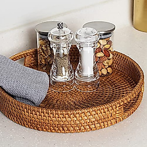 Round Rattan Serving Tray Decorative Woven Ottoman Trays for Coffee Table Natural Round Woven Tray (14 Inch)……