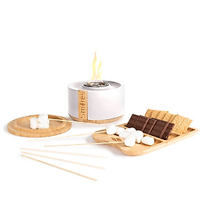TerraFlame Portable Indoor and Outdoor Smoke Free Clean Burning Gel Fuel S'mores Roaster Tabletop Gift Set with Bamboo Tray - White