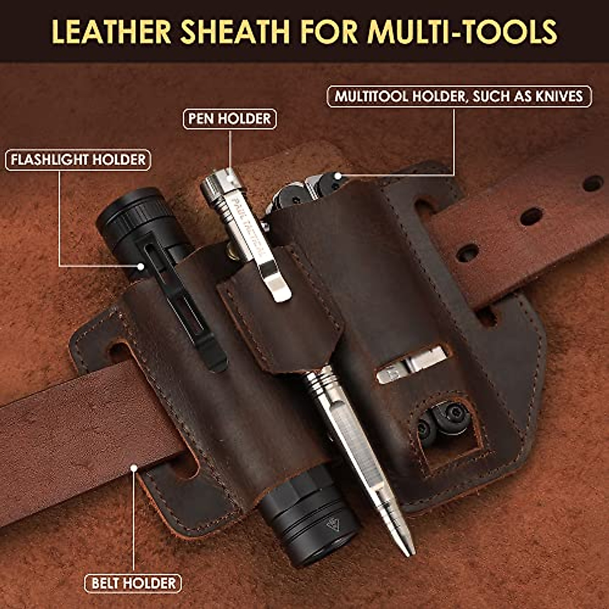 KEVANCHO Multitool Sheath for Belt, Leather Tool Pouch Belt Holster Bag, EDC Pouch Pocket Organizer Case for Knife, Flashlight, Tactical Pen, Camping and Outdoor, Valentines Day Gift for Him (Brown)