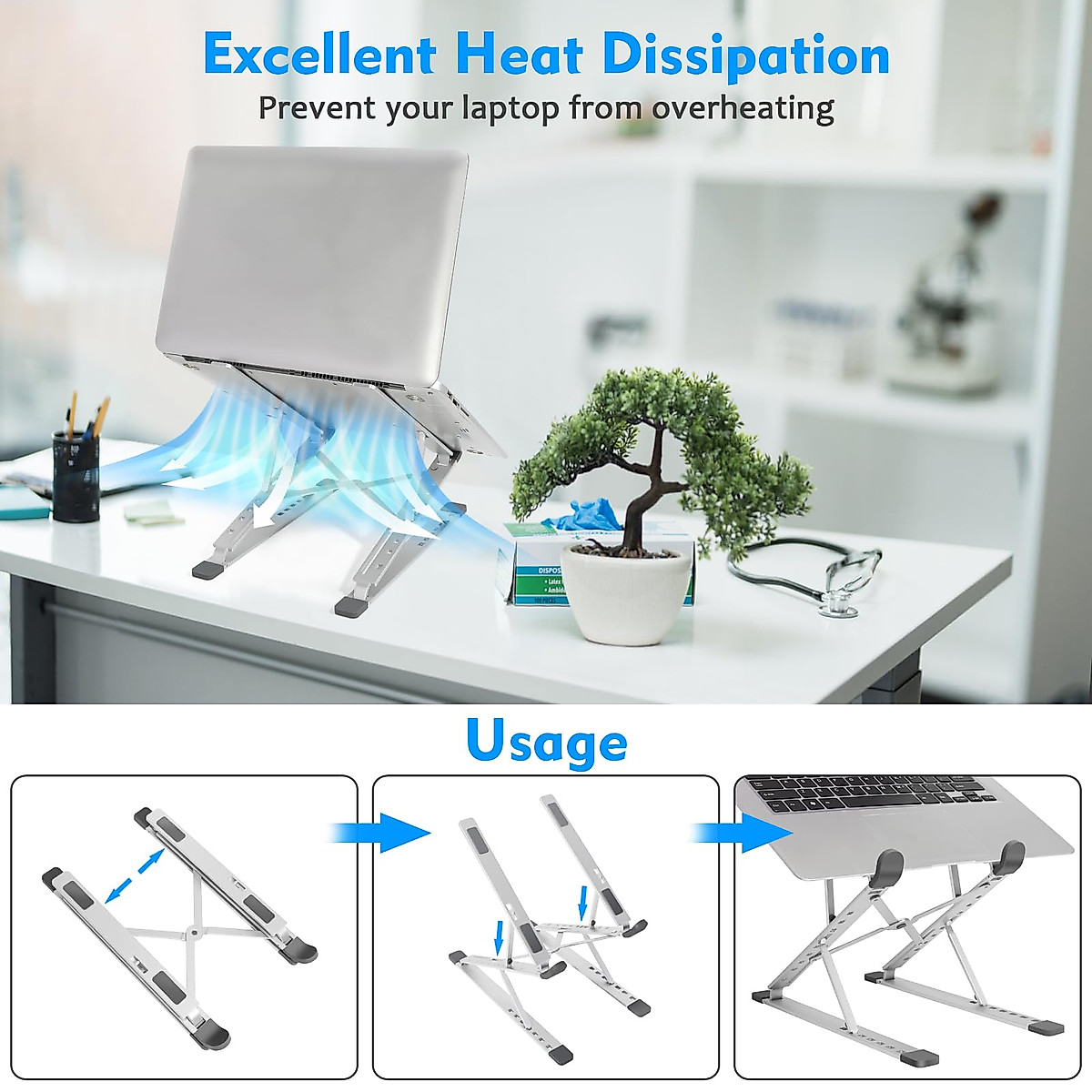 MIENOW Laptop Desk Stand Adjustable Height, Aluminum Foldable Laptop Stand Computer Riser Ergonomic Portable Travel Laptop Holder Fit for Notebook, MacBook Air/Pro, Dell, HP and Lenovo 10''-15.6''