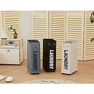 DOKEHOM 25-Inches Slim Laundry Basket on Wheels, Collapsible Rolling Laundry Hamper, Foldable Narrow Corner Clothes Storage Bins (Beige)