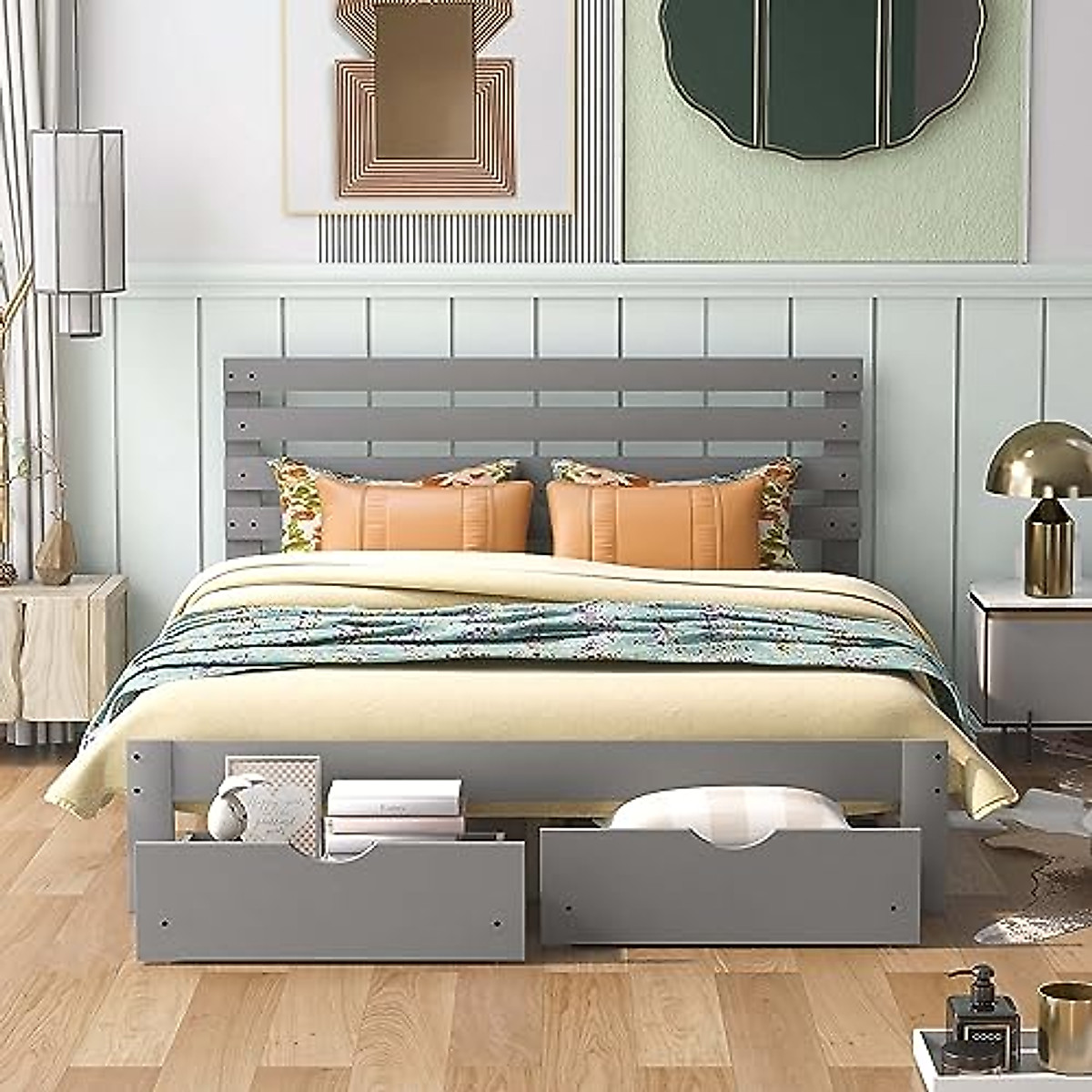 Novaris Queen Size Pine Platform Bed Frame with 2 Storage Drawers, Modern Classic Platform Bed with Headboard/Wood Slats Support/No Box Springs Needed for Bedroom Apartment Girls Boys (Queen, Gray)