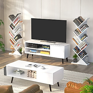 Topfurny Tree Bookshelf, 9-Tier Shelf Rustic Brown Bookcase, Retro Wood Storage Rack for CDs/Movies/Books, Anti-Fall Utility Organizer Shelves for Living Room, Bedroom, Home Office, White Oak