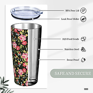 Yaxongx 20oz Tumbler Rose Flower Printing Double Wall Vacuum Insulated Coffee Mug with Lid and Metal Straw Brush Reusable Stainless Steel Water Bottle Travel Cup Gifts for Car Ice Drinks Hot Beverage