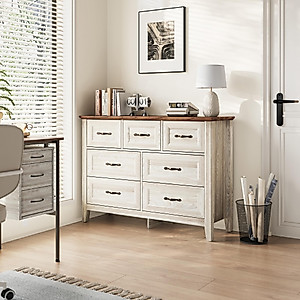 LINSY HOME Dresser for Bedroom, 7 Drawer Dresser with Metal Handles, White Chest of Drawers for Living Room, Entryway and Hallway, White Beige