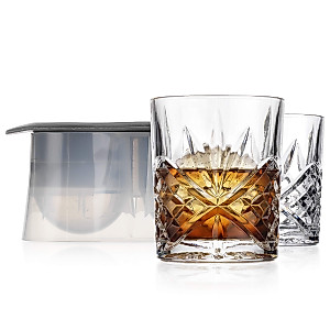 Godinger Old Fashioned Whiskey Glasses and Ice Ball Sphere Mold Whiskey Chilling Set - Dublin Collection, Set of 2