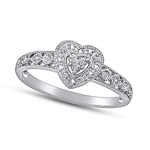 10k Solid White Gold Round White Natural Diamond Accent Heart Promise Engagement Ring (I-J Color, I2-I3 Clarity) Size 7