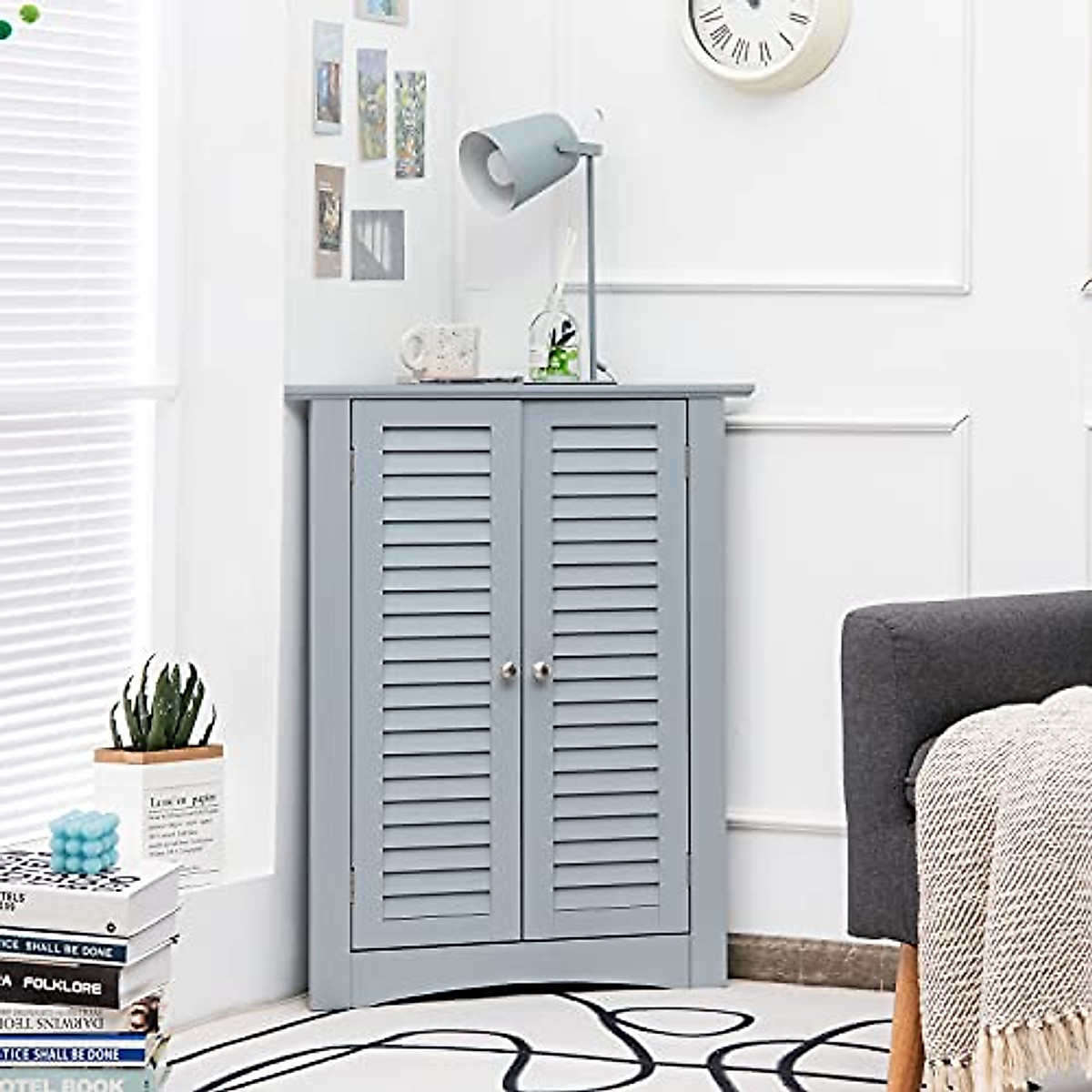 Tangkula Bathroom Corner Cabinet, Corner Storage Cabinet with Double Shutter Doors & Adjustable Shelf, Freestanding Floor Cabinet for Bathroom Living Room Kitchen, 13 x 25.5 x 31.5 Inch (Grey)