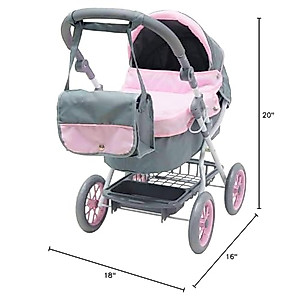 KOOKAMUNGA KIDS Baby Doll Stroller - Foldable Baby Stroller for Dolls - Play Stroller & Bassinet w/Retractable Canopy - Diaper Bag - Adjustable Soft Grip Handle - Ideal for 16” 18” & 20” Dolls