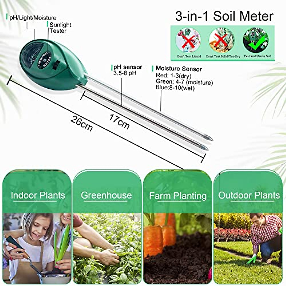 Soil Moisture Meter, HSLGOVE 3 in 1 Soil Ph Meter/Sunlihgt/Plant Moisture Meter for House Plants & Outdoor Gardening, Farming Plants Care(No Battery Required)