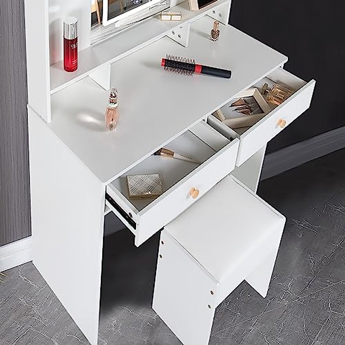 Modern Vanity Table with LED Lighted Mirror, Makeup Vanity Desk with 2 Drawers,Vanity Table Mirror with 3 Color Modes,Multiple Shelves & Cushioned Stool,Dressing Table for Bedroom