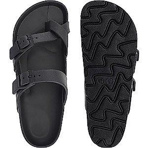WHITIN Women's Platform Sandals with Arch Support Comfortable Size 8 Rubber Toe Loop Pillow Slides Slip on Lightweight EVA Thick Soles Adjustable Buckle Ultra Cushion Blak
