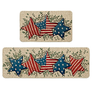 Artoid Mode American Flag Stars Eucalyptus Patriotic 4th of July Kitchen Mats Set of 2, Home Decor Kitchen Rugs for Floor - 17x29 and 17x47 Inch