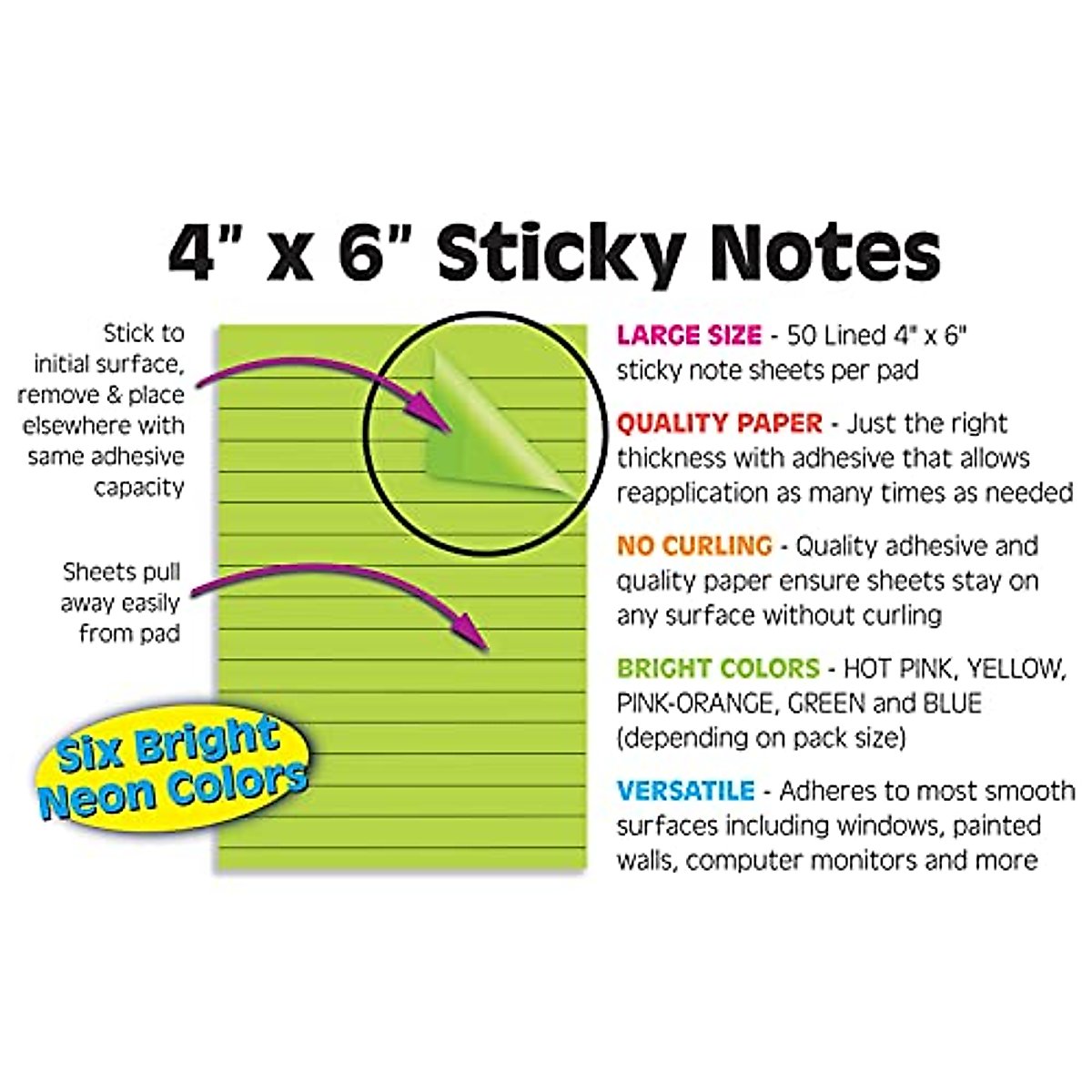 Lined Sticky Notes, 4 x 6, 6 Pack, 300 Sheets (50/Pad), Self Stick Notes with Lines, 6 Bright Assorted Colors, by Better Office Products, Post Memos, Strong Adhesive, 6 Pads
