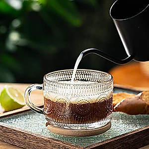 wookgreat Vintage Coffee Mugs Set of 6, 14 oz Glass Coffee Tea Cups with Handle, Clear Embossed Glassware with 6 Spoons, Glass Mugs, Glass Coffee Cups for Cappuccino, Latte, Cereal, Yogurt, Milk