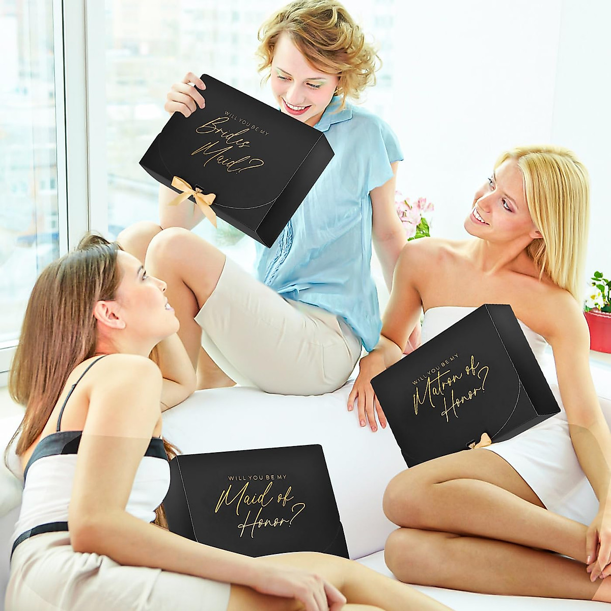 WLUSEAXI 16 Pieces Bridesmaid Proposal Box Set, 8 Pack Bridesmaid Boxes & Cards, Matron of Honor Proposal Gift Box, Maid of Honor Box, Will You be My Bridesmaid Box for Bridesmaids Gifts (Black)