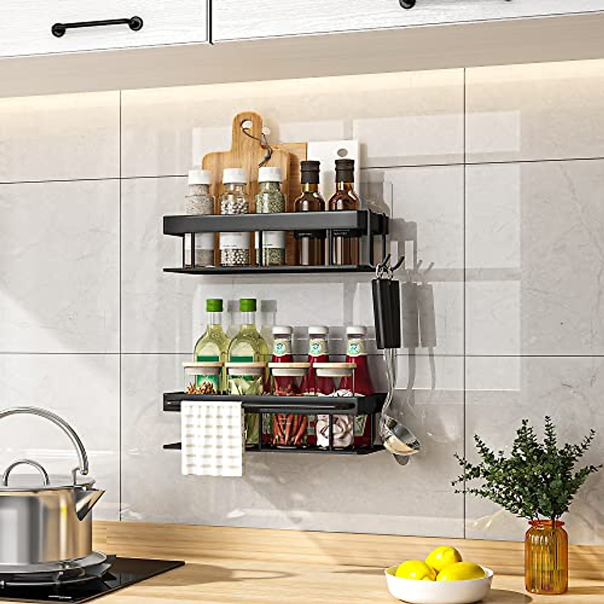 Shower Caddy, Black Shower Caddy with 2 Hooks and 1 Towel Bar, Adhesive Shower Caddy Aluminum Bathroom Wall Shelf, No Drilling Shower Organizer for Bathroom Toilet, Kitchen-2 Pack (Matte Black)