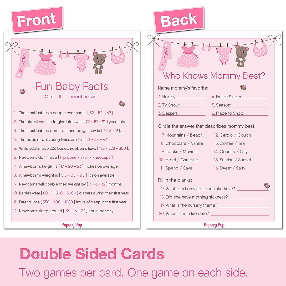 Papery Pop Baby Shower Games for Girl - Set of 4 Games for 30 Guests - Double Sided Cards - Baby Shower Supplies