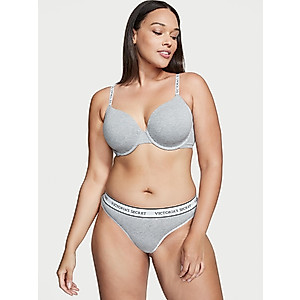 Victoria's Secret Cotton Logo Thong Panty Pack, Underwear for Women, 4 Pack, Medium Heather Grey (L)