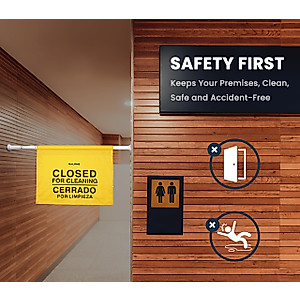 Alpine Restroom Closed for Cleaning Sign, Commercial Door Barricade Sign, English & Spanish Bathroom Sign, Yellow Safety Hanging Sign for Cleaning In Progress Restroom