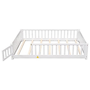 Full Floor Bed for Kids, Montessori Bed Frame with Fence-Shaped Guardrails, Support Slats and Door, Wood Floor Full Bed for Kids,Toddler,Boys Girls, No Box Spring Needed(White, Full Bed Frame)