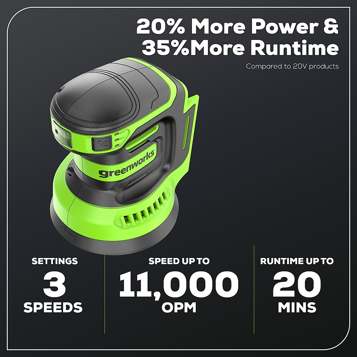 Greenworks 24V Cordless Orbital Sander, 5" Random Sanders Variable Speed, 11000 OPM, 3 Sandpaper Sheets, with 2Ah Battery and Charger