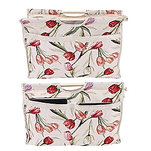 Wood Handles Knitting Bag Travel Yarn Organizer Crochet Bag for Knitting Needles Sewing Tools 16.5x11.8x4.3in(Red Flower)