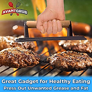 Pro Grade, Pre Seasoned Cast Iron Grill Weight 2Pk. Heavy Duty Steak and Burger Press with Wooden Handle for Grills, Griddles and Flattops. Perfect Gadget for Bacon, Paninis, Sandwiches and Vegetables