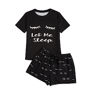 WDIRARA Women's Cute Cartoon Print Closed Eyes Print Tee and Shorts Pajama Set Black M