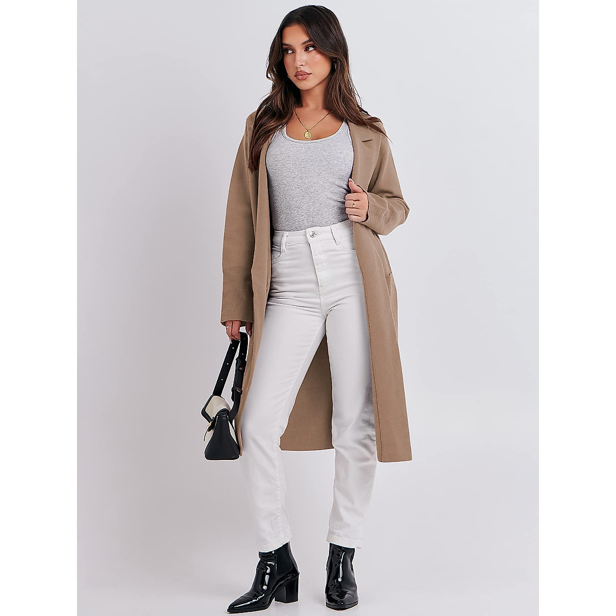 ANRABESS Women Cardigan Oversized Open Front Sweater Coat Lady Blazer Jacket Fall Outwear Coatigan 2024 Trendy Outfits Khaki Medium